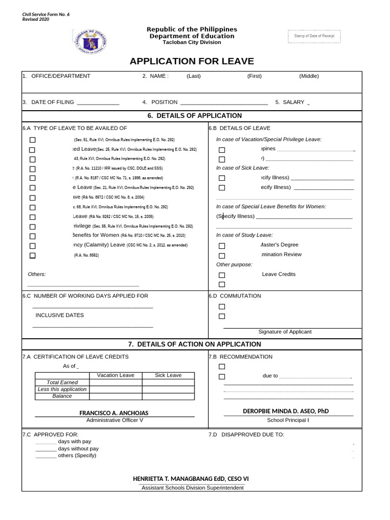 Application For Leave CSC Form 6 | PDF | Parental Leave | Sick Leave