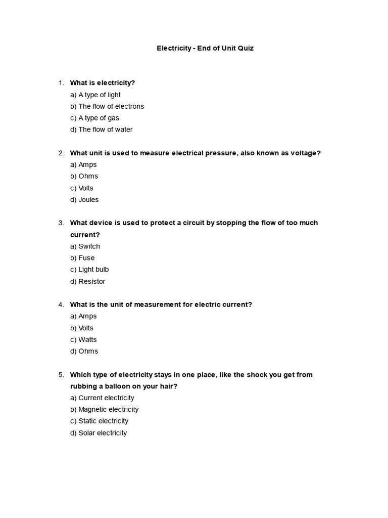 Electricity End-of-Unit Quiz | PDF