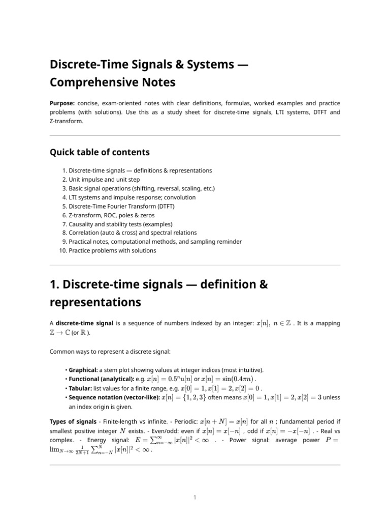 Discrete‑Time Signals & Systems — Comprehensive Notes | PDF ...