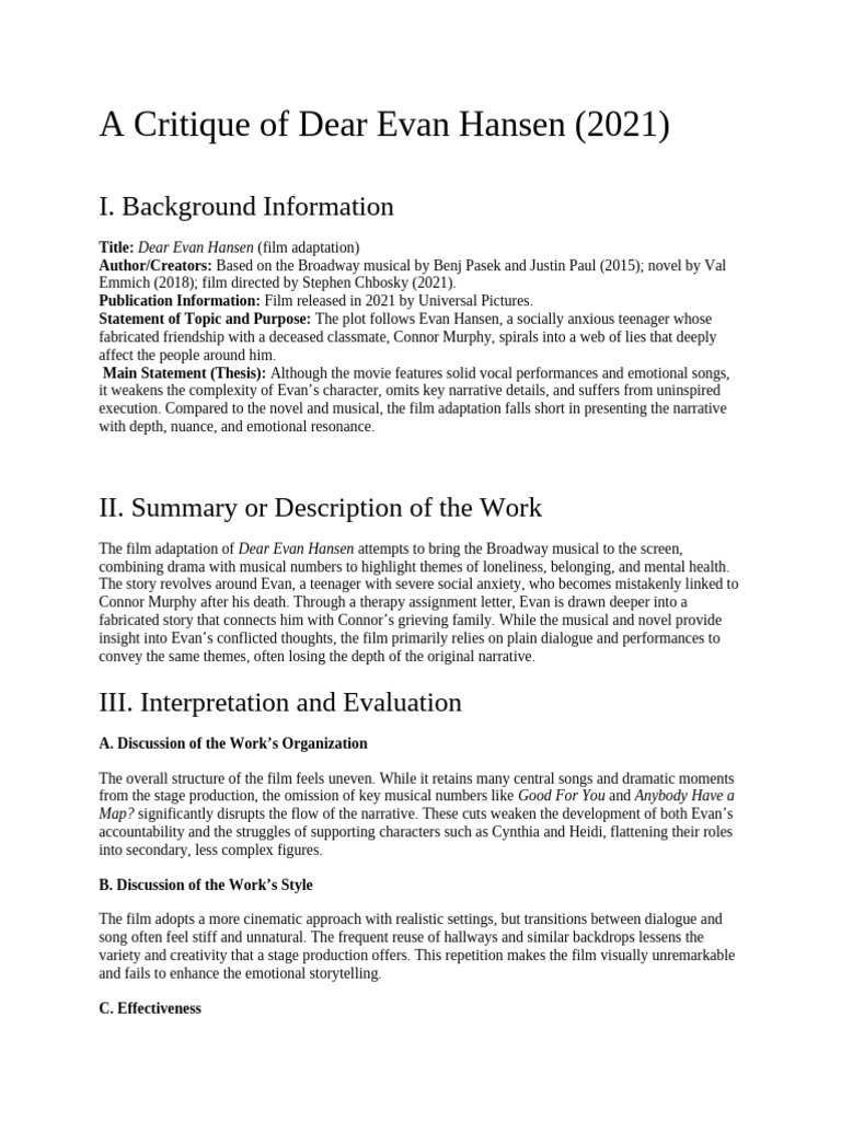 A Critique of Dear Evan Hansen | PDF | Narrative