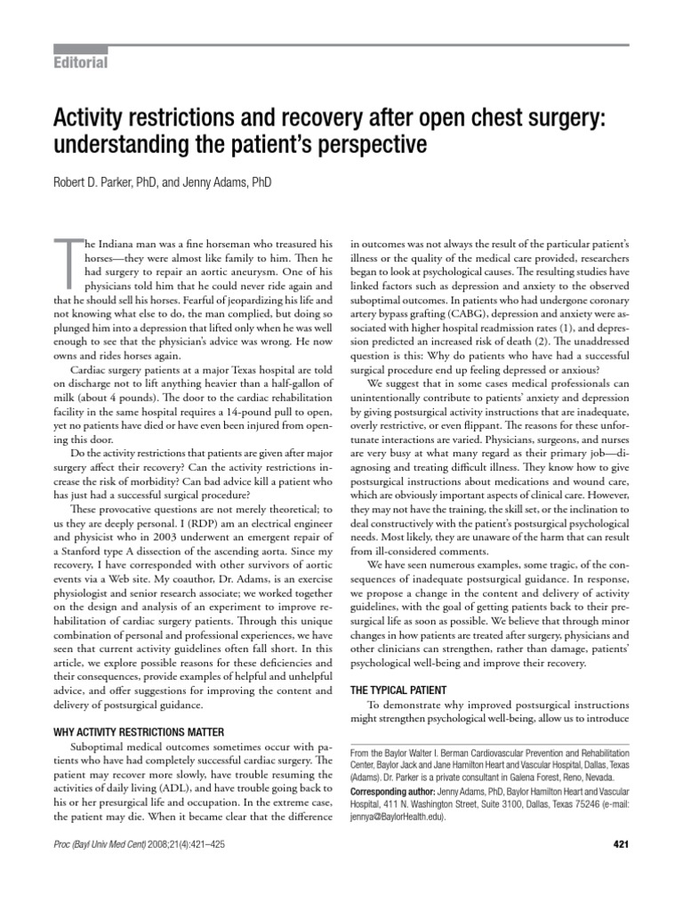 Activity Restrictions and Recovery After Open Chest Surgery ...