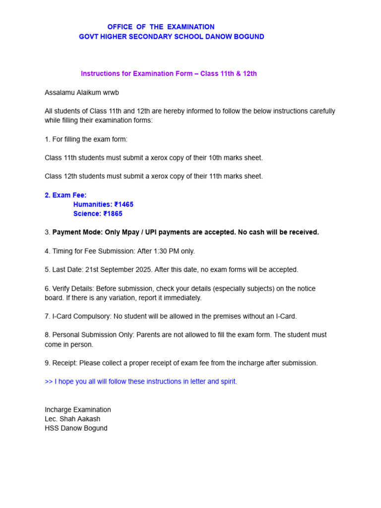 Exam Form Instructions for Class 11 & 12 | PDF