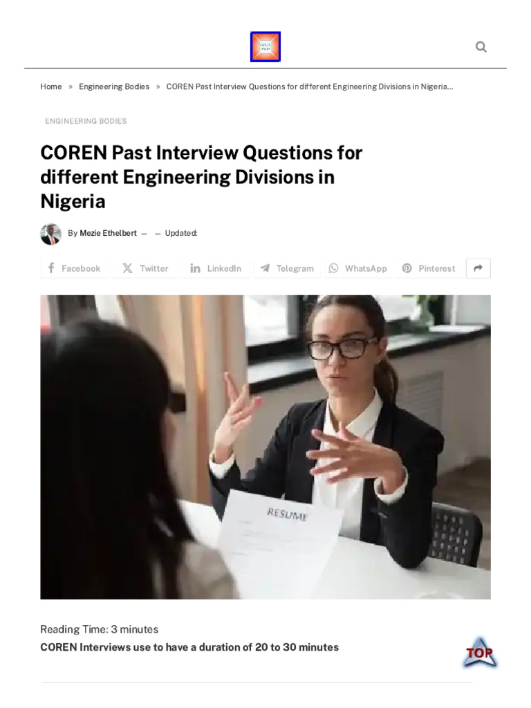COREN Past Interview Questions For Different Engineering Divisio | PDF | Engineering | Chlorine