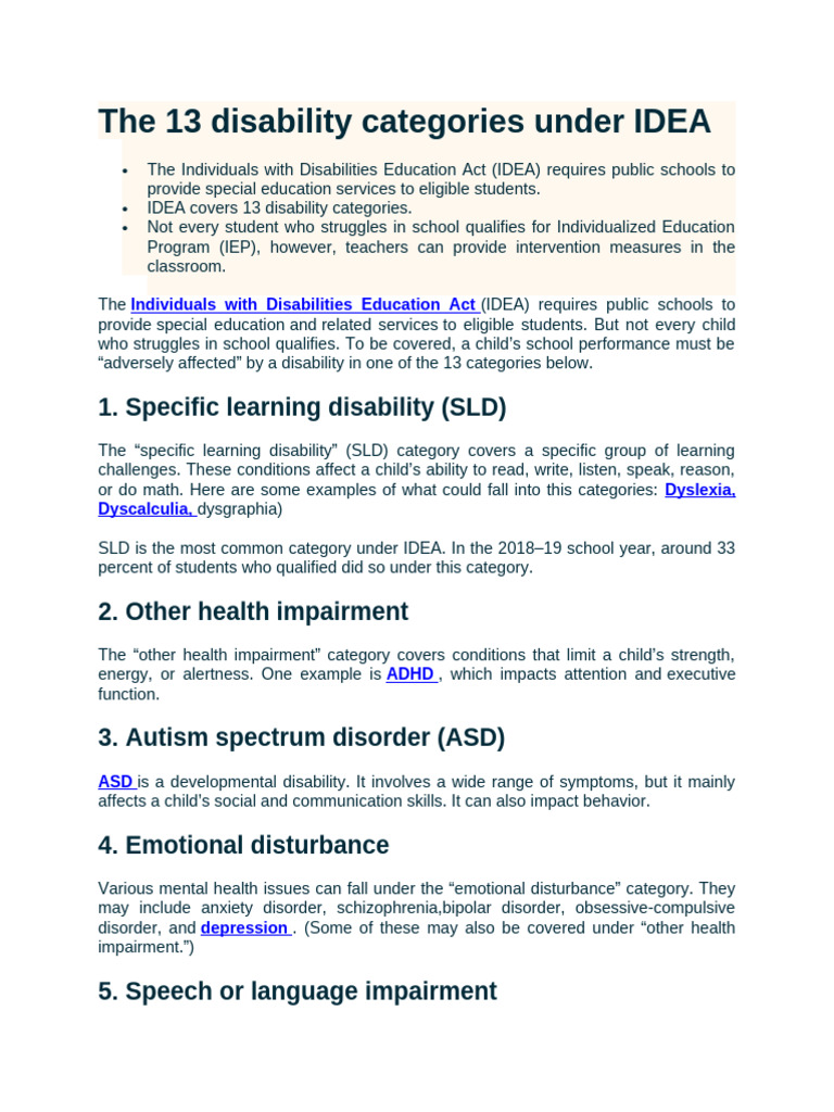 IDEA's 13 Disability Categories | PDF | Hearing Loss | Visual Impairment
