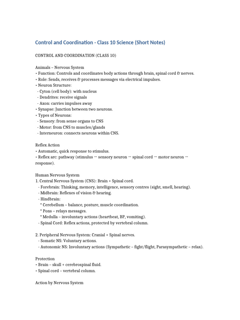 Control and Coordination in Animals and Plants | PDF | Central Nervous ...