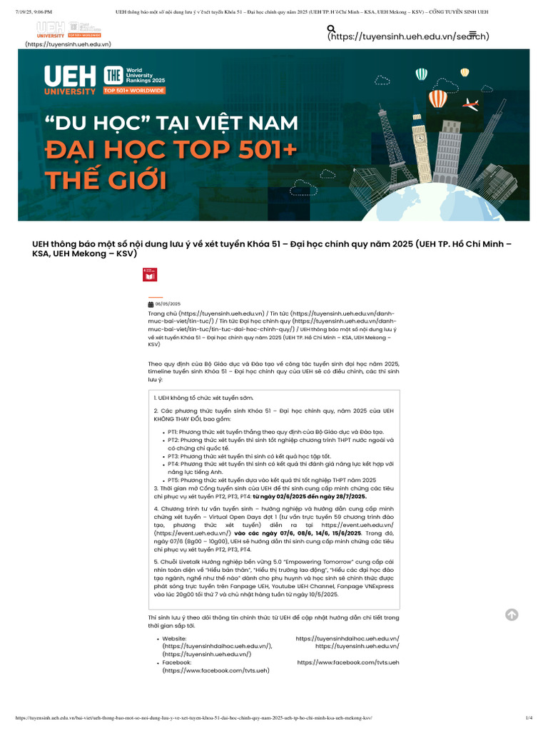 UEH thông báo một số nội dung lưu ý về xét tuyển Khóa 51 – Đại học chính quy năm 2025 (UEH TP ...
