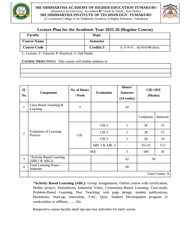 Lecture Plan 2025-26: Sri Siddhartha Tech | PDF | Educational Stages ...