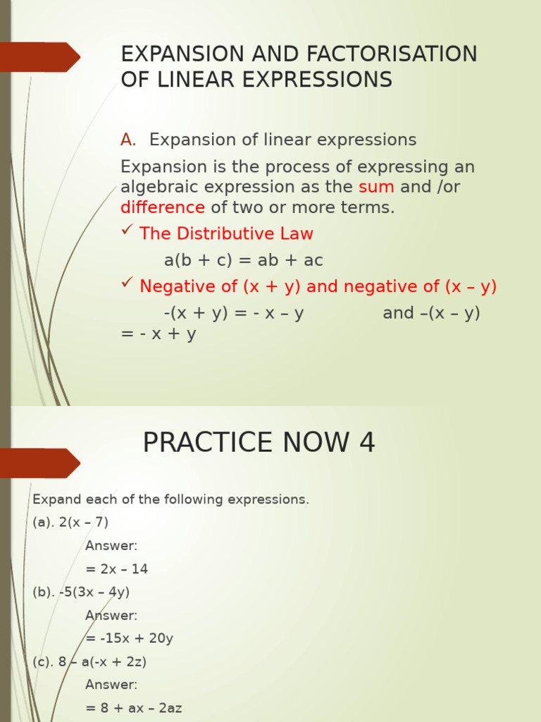 Part 4.3 ( (Expansion and Factorisation of Linear Expressions) | PDF ...
