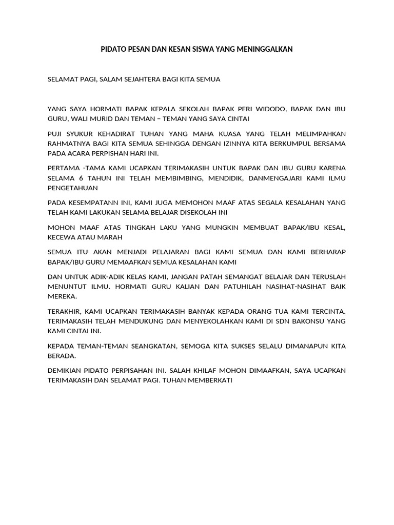 Pidato Pesan Dan Kesan Siswa Yang Meninggalkan | PDF