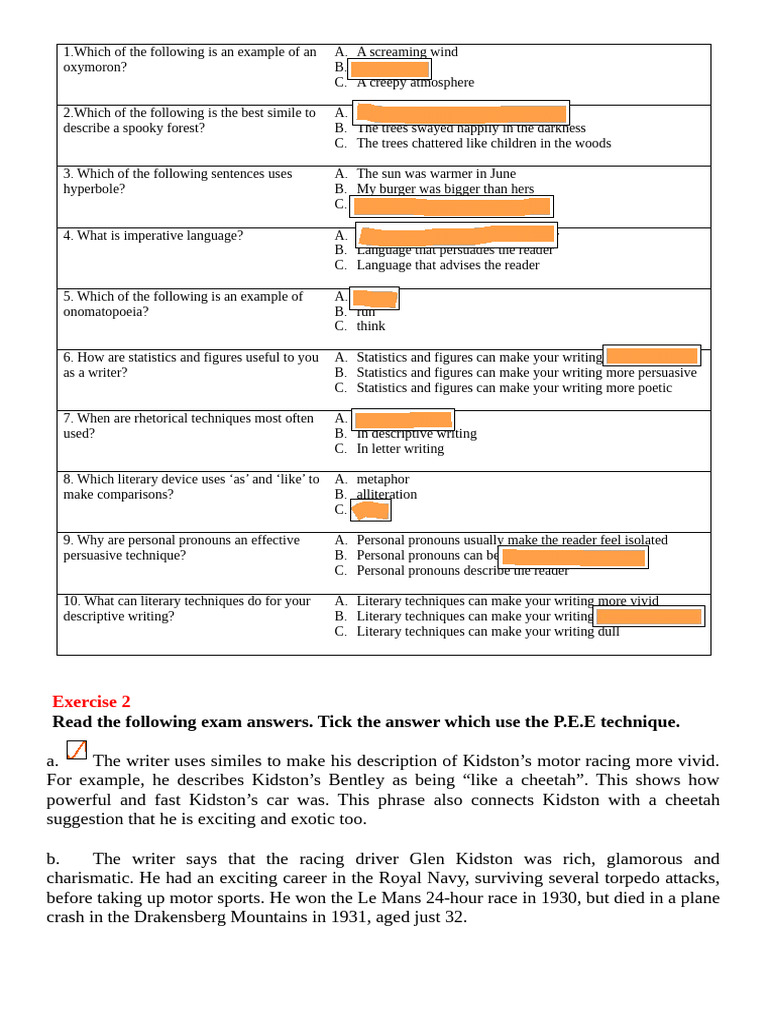 P.E.E Technique Worksheet Guide | PDF