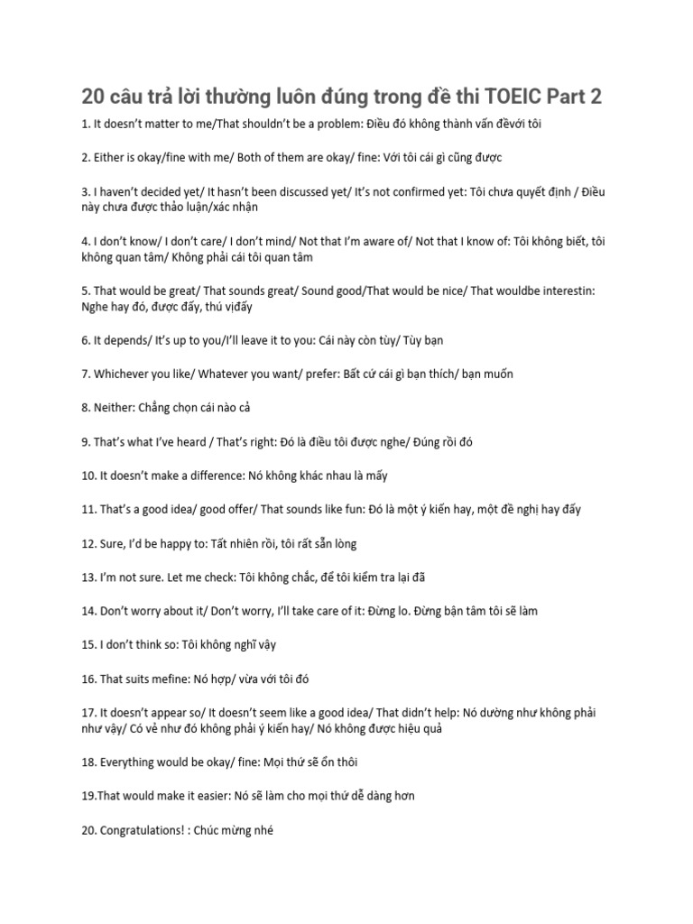 20 Câu Trả Lời Thường Luôn Đúng Trong Đề Thi TOEIC Part 2 | PDF