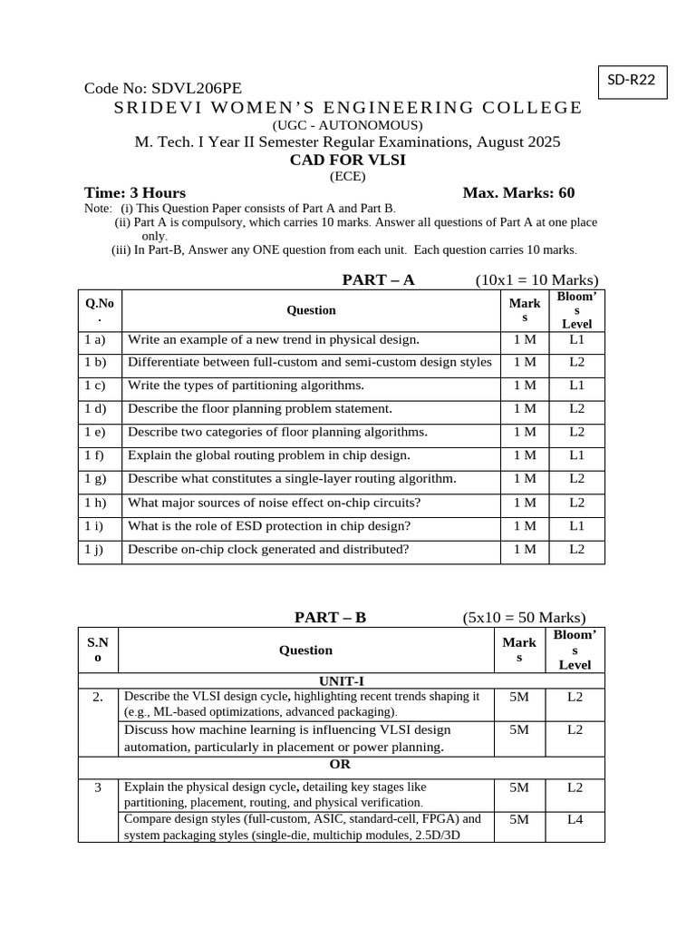 Model Paper Cad For Vlsi - QP - II Sem - 2025!26!1 | PDF | Computer Engineering | Digital ...