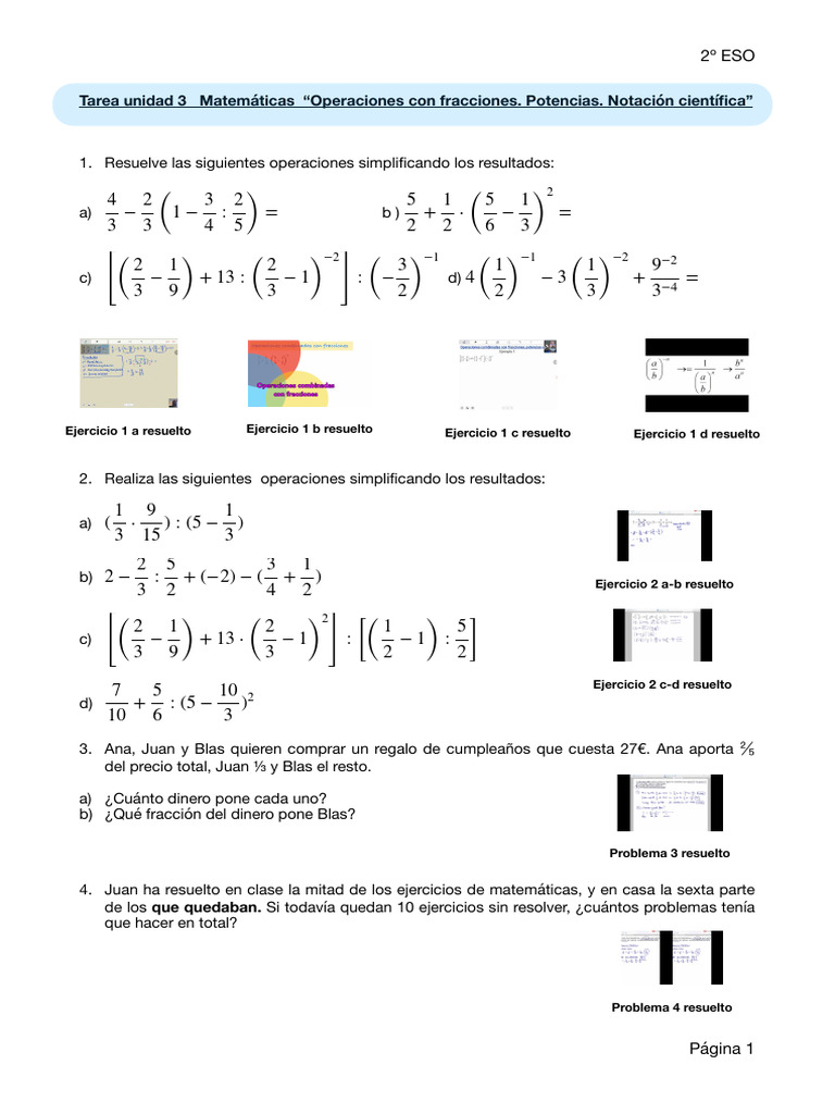 Tarea Un3 Operaciones Con Fracciones-Potencias | PDF