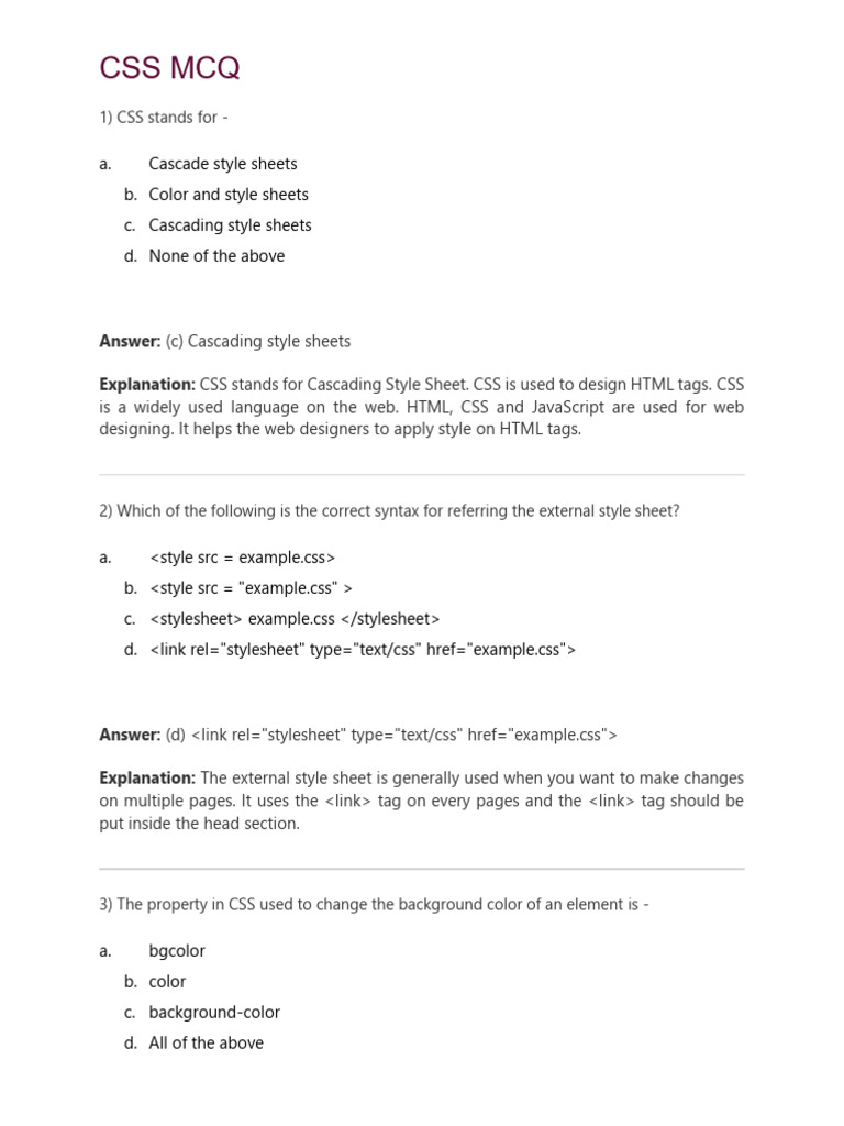 CSS - MCQs | PDF | Html | Cyberspace