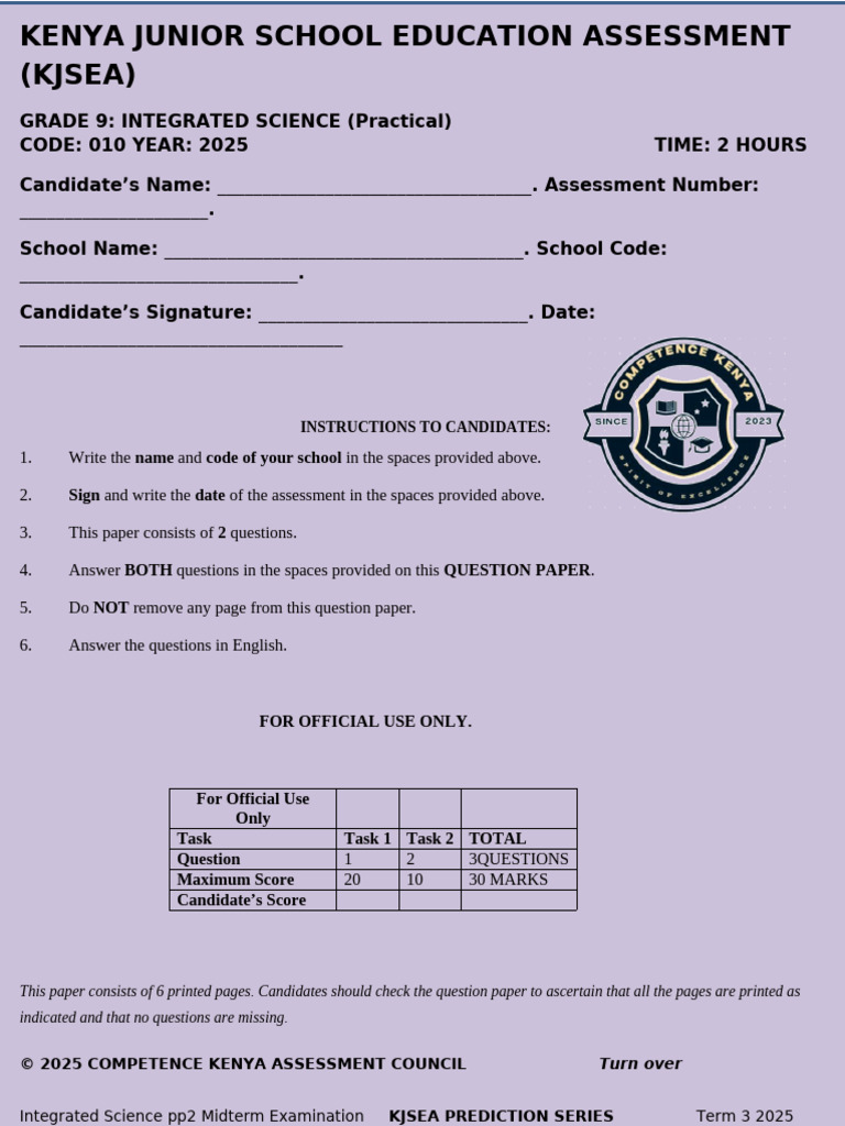 KJSEA Grade 9 Integrated Science Practical | PDF | Experiment ...