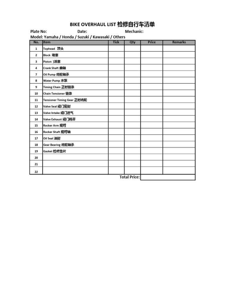 Motorcycle Overhaul Parts Checklist | PDF