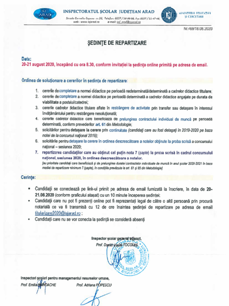 Anunt Sedinte Repartizare 20-21.08.2020 | PDF