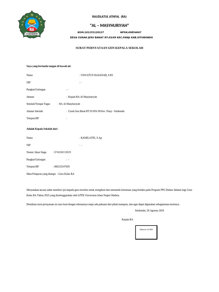 Contoh Berkas Surat Pernyataan Izin Mengajar | PDF