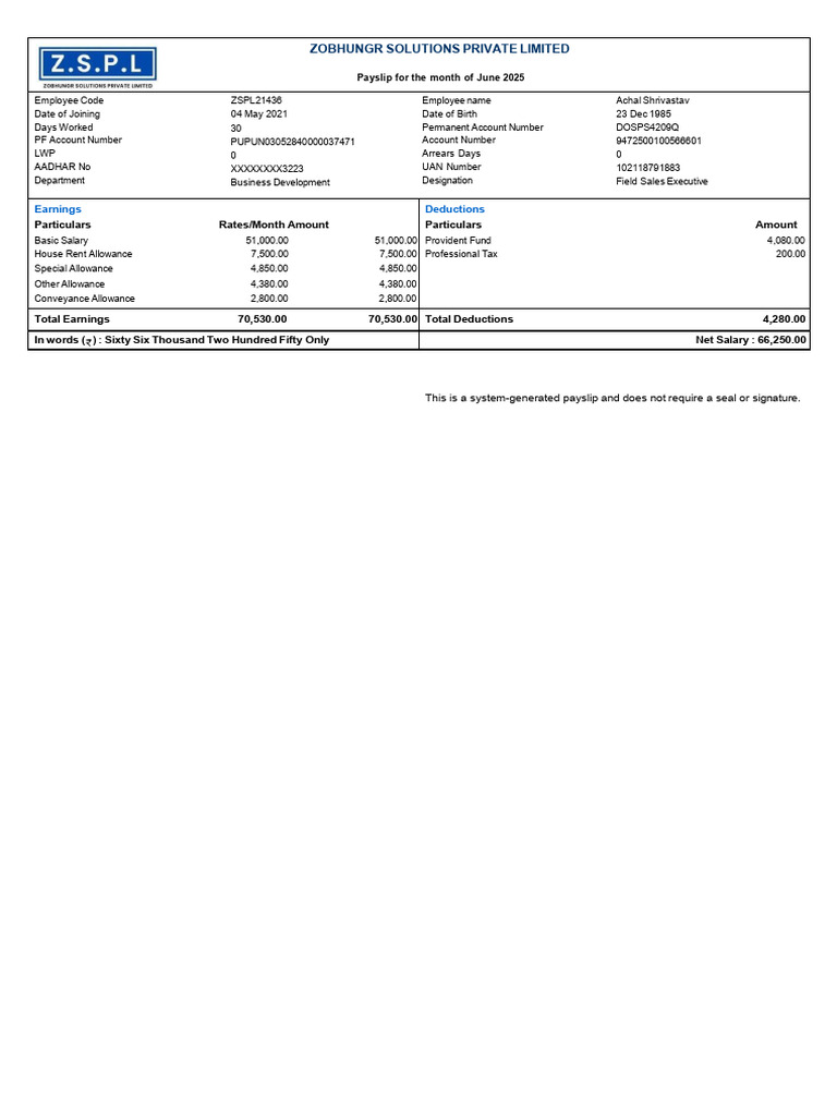 Payslip July 2025 ZSPL21436 | PDF