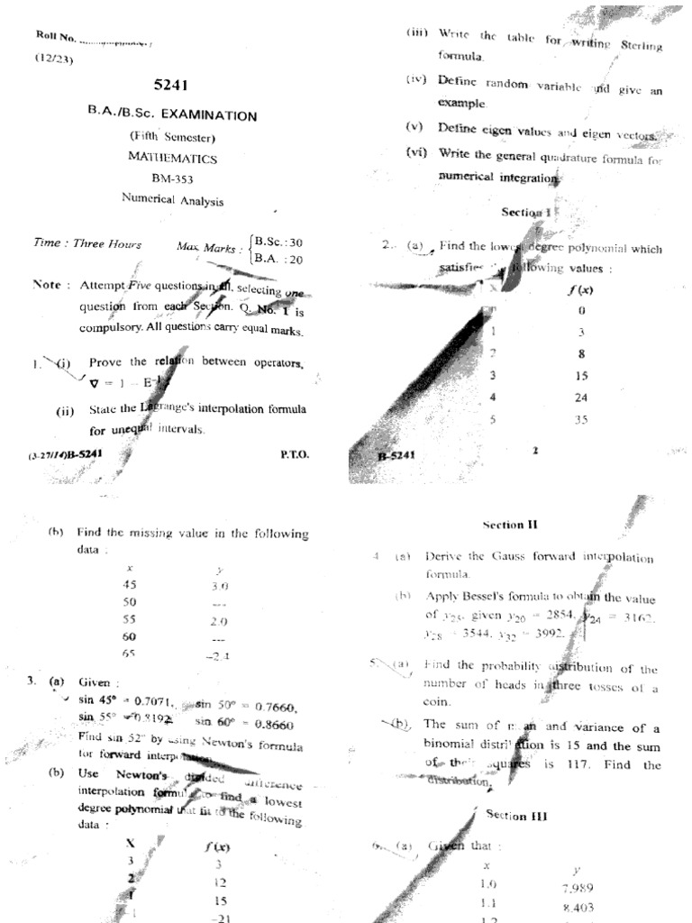 Ba BSC 5 Sem Mathematics Numerical Analysis 5241 Dec 2023 | PDF