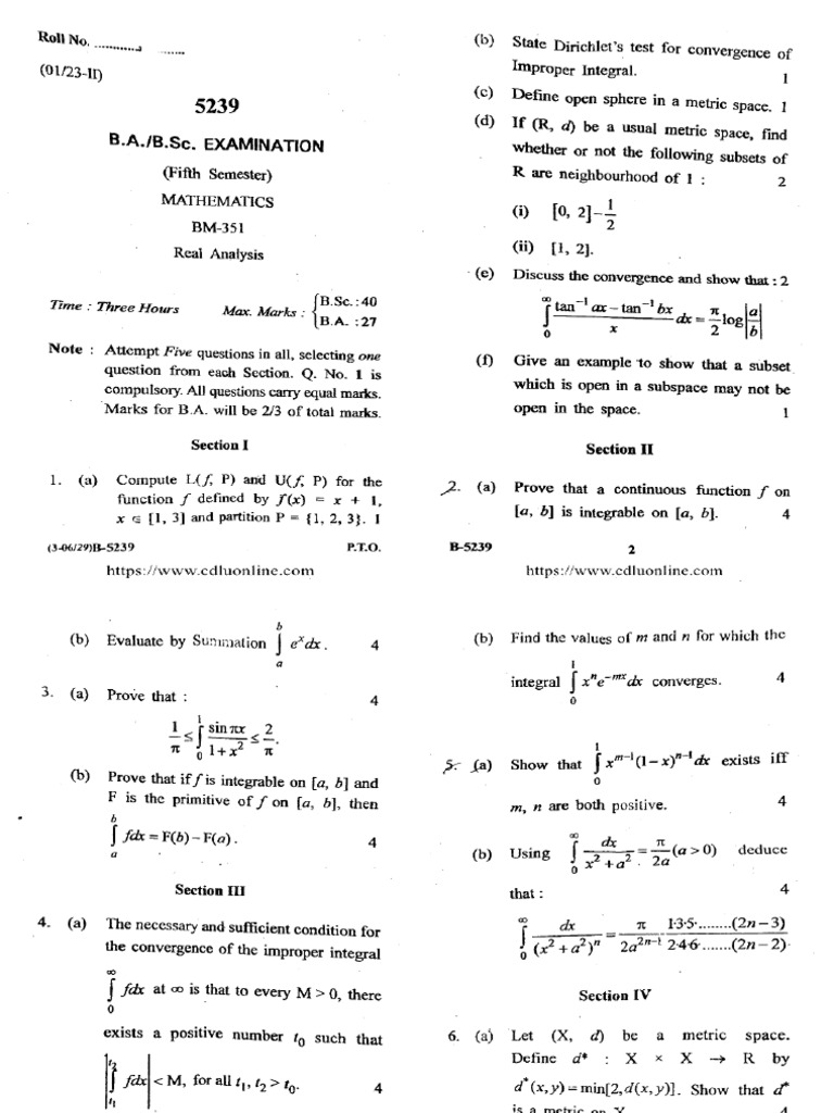 Ba BSC 5 Sem Mathematics Real Analysis 5239 Jan 2023 | PDF