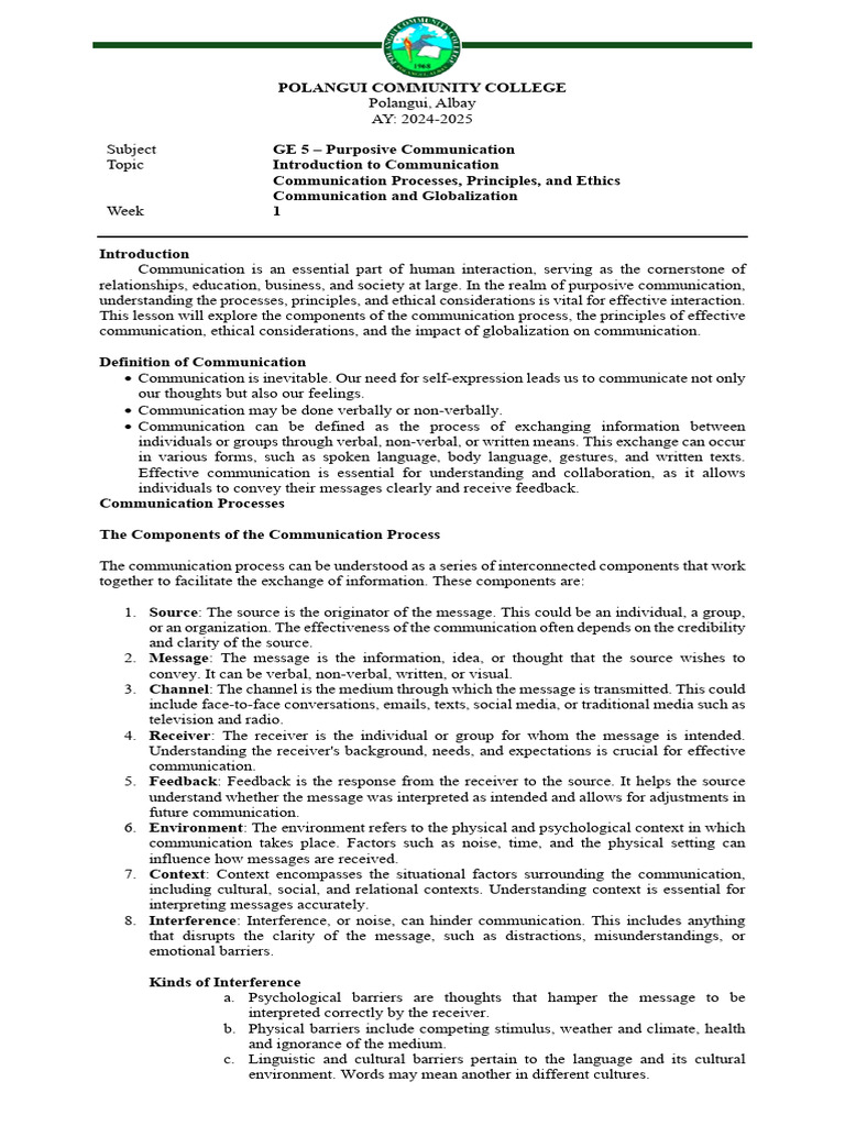 GE 5 Purposive Communication Midterm Coverage | PDF | Communication | Cross Cultural Communication