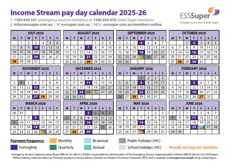 Esssuper Income Stream Pay Day Calendar 2025 26 | PDF