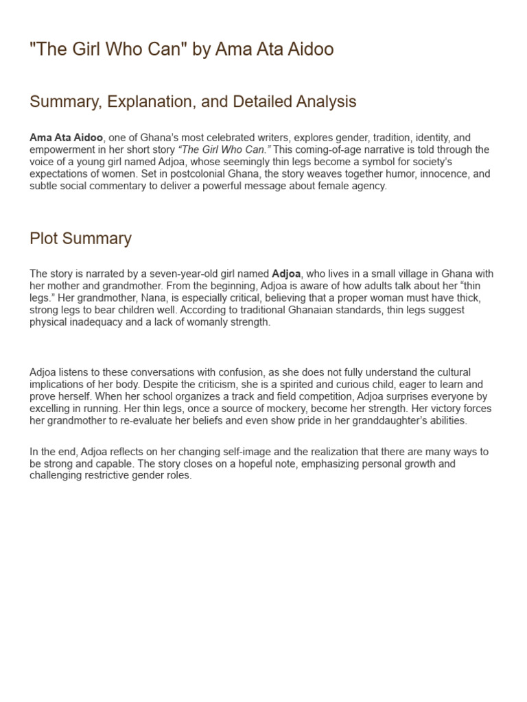 Summary and Analysis of The Girl Who Can by Ama Ata Aidoo | PDF