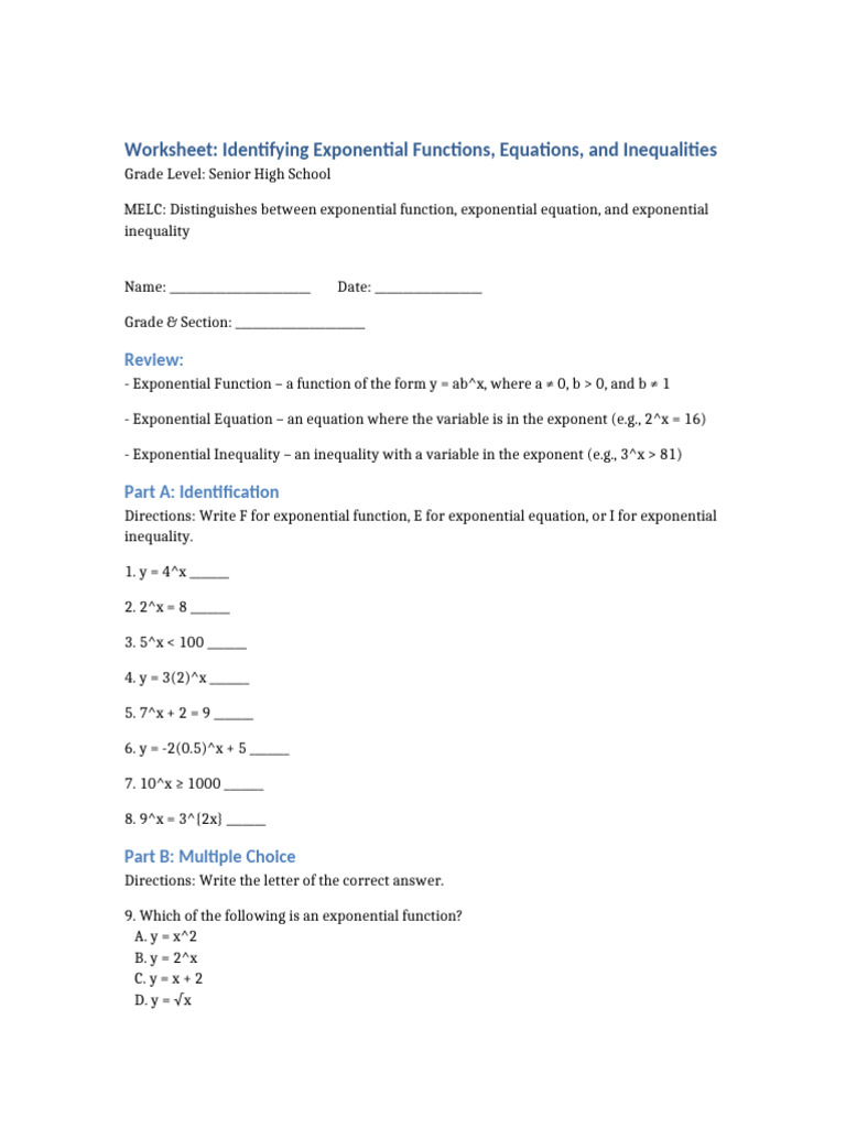 Exponential Functions and Inequalities Worksheet | PDF | Exponentiation ...