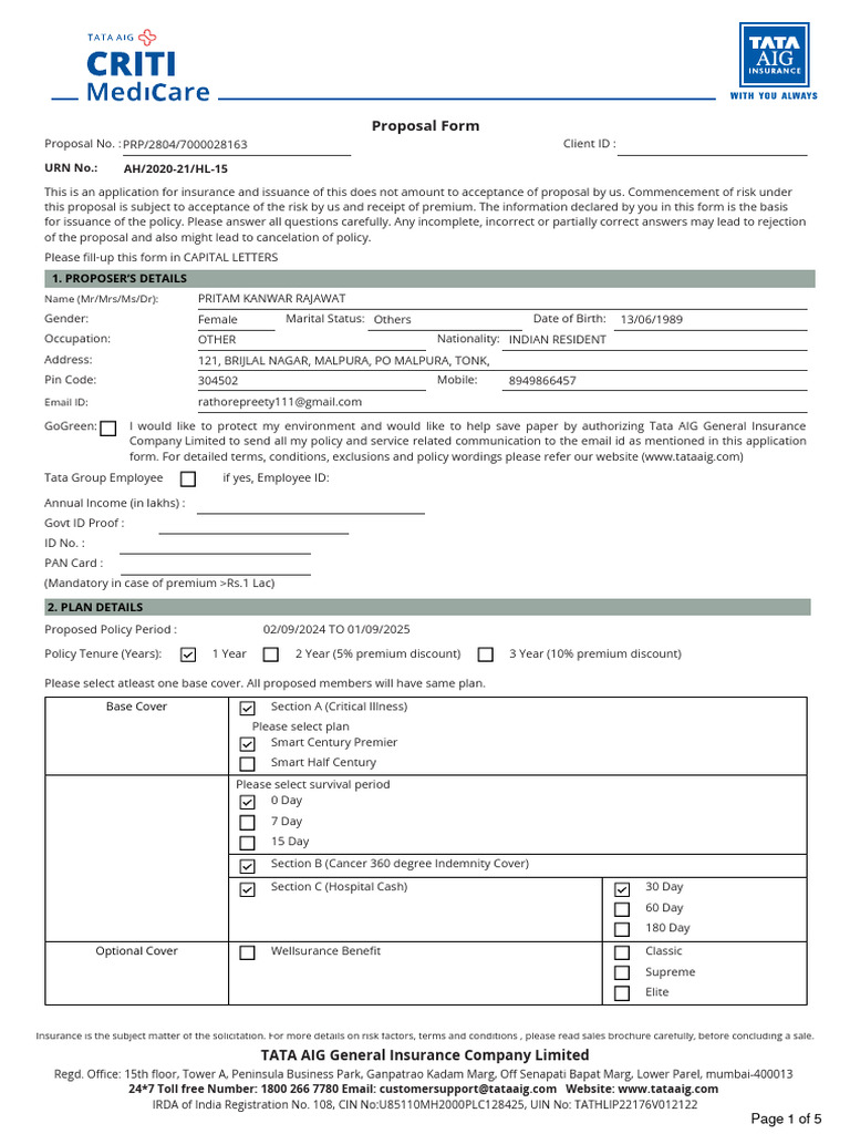 TATA AIG Health Insurance Proposal Form | PDF | Insurance | Underwriting