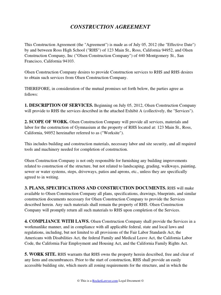 Construction Agreement | Indemnity | Insurance