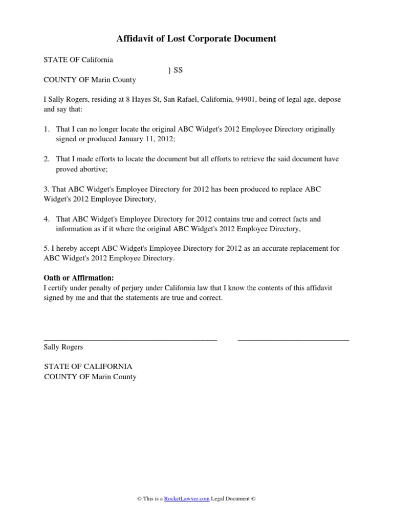 Affidavit of Lost Corporate Document | PDF
