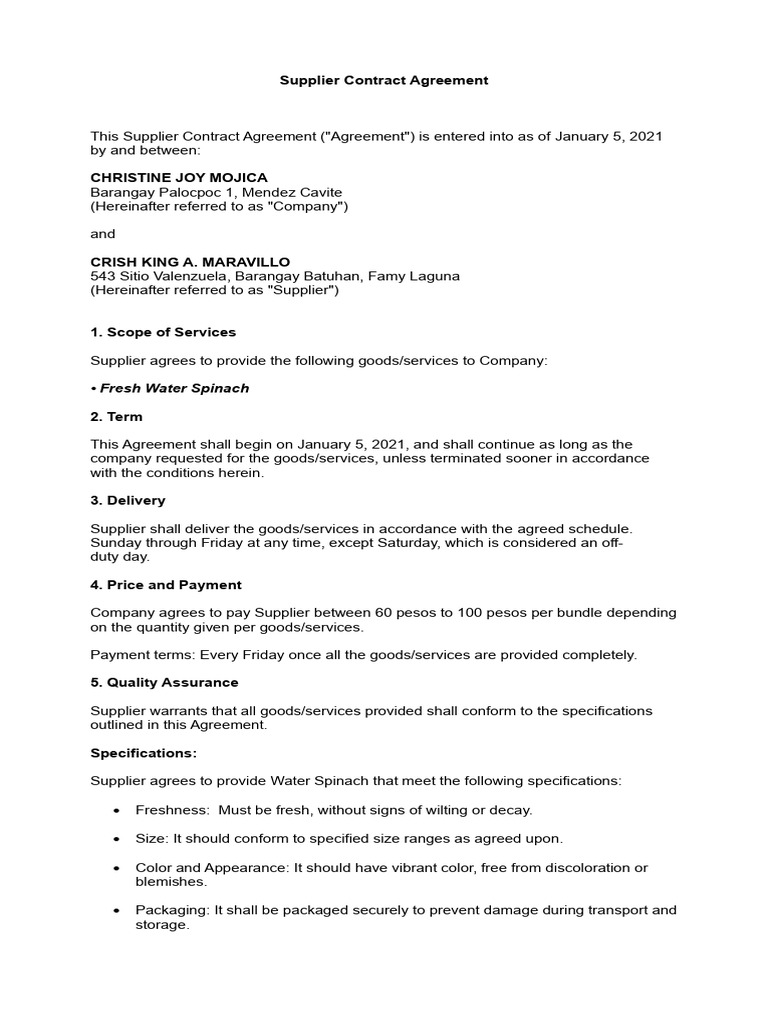 Supplier Contract for Fresh Water Spinach | PDF | Indemnity | Law Of ...