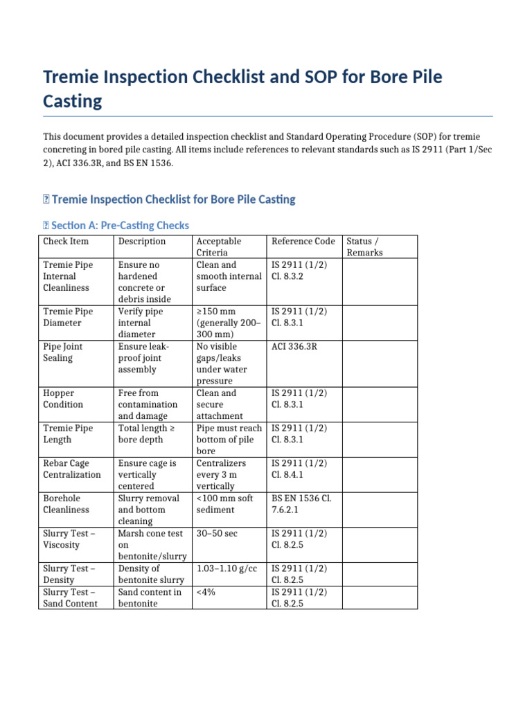 Tremie Inspection Checklist and SOP | PDF | Pipe (Fluid Conveyance ...