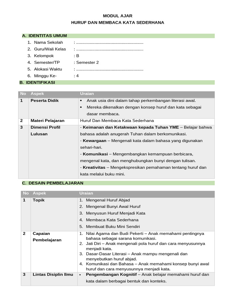 Modul Ajar Huruf dan Membaca Sederhana | PDF