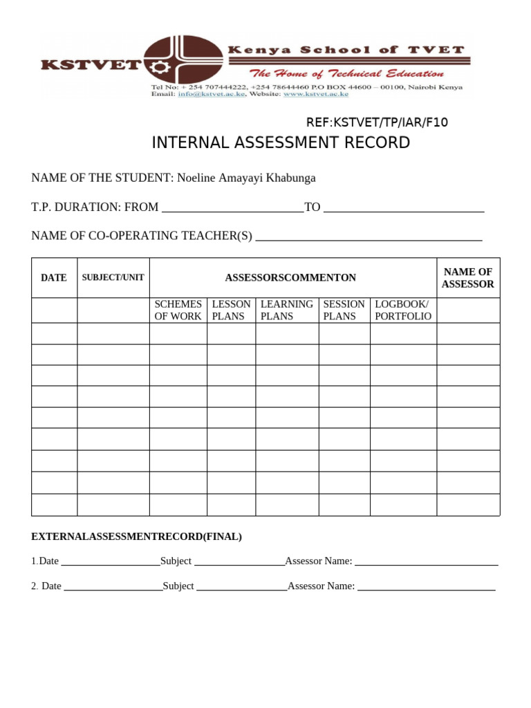 Internal Assessment Record Template | PDF