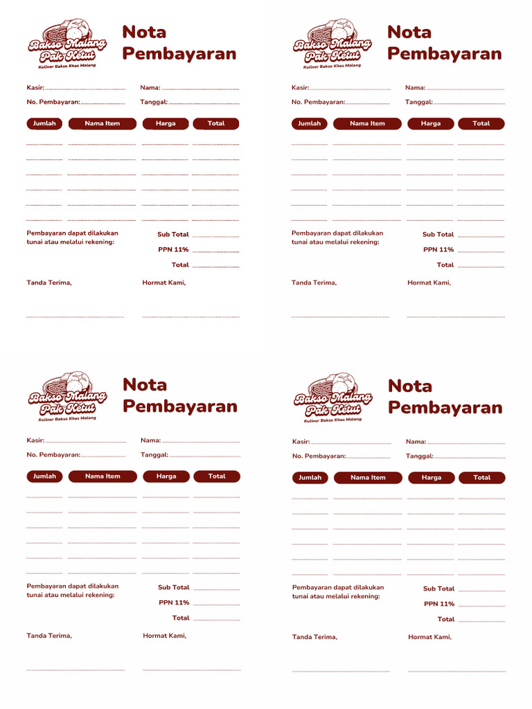 Nota Kosong Bakso Malang | PDF