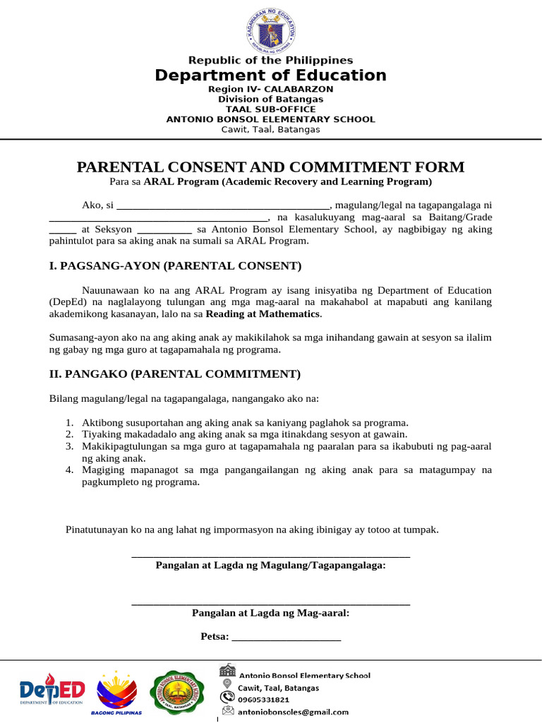 ARAL Program Parental Consent and Commitment Form A | PDF