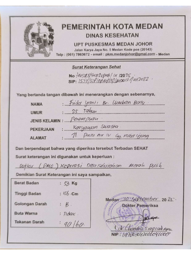 Surat Keterangan Sehat Frida Yanti BR Lumban Batu | PDF