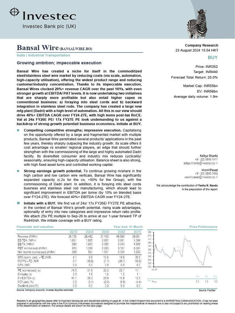 Investec - Bansal - Initiating Coverage | PDF | Wire | Steel