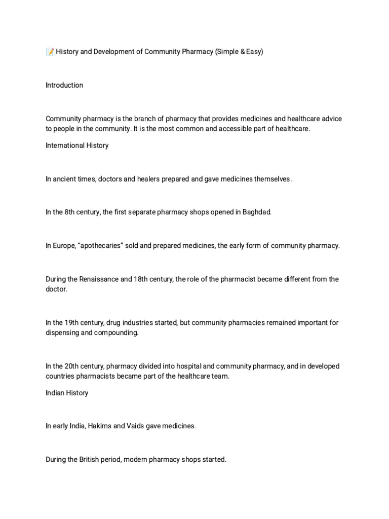 History and Development of Community Pharmacy | PDF