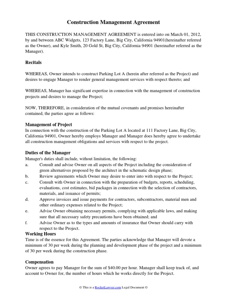 Construction Management Agreement | PDF