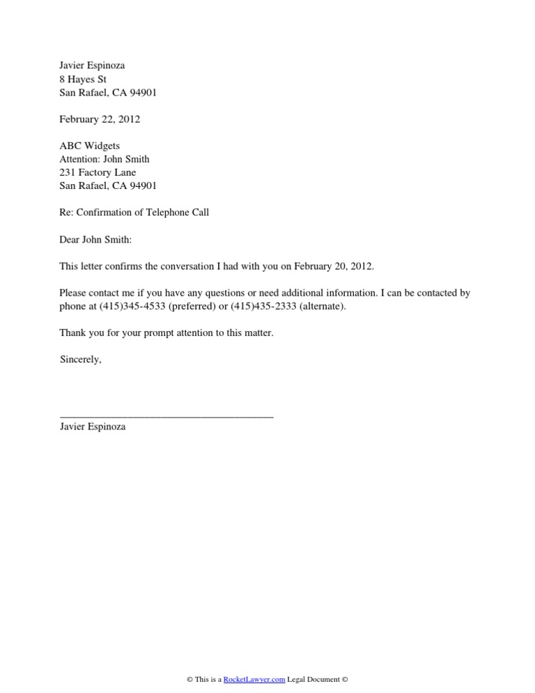 Confirmation Letter To Follow Up On A Phone Call | PDF