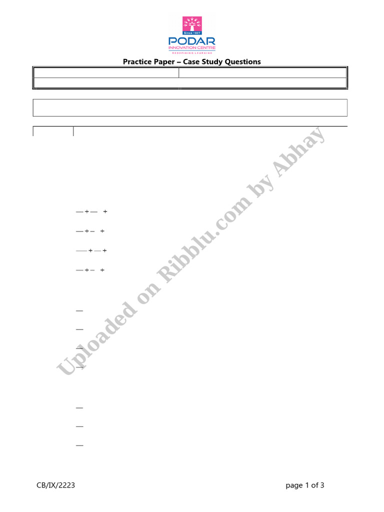 Class 9 Polynomials Case Study Questions Podar International | PDF ...