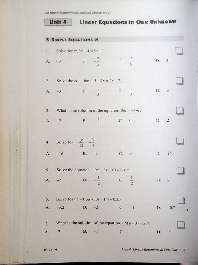 Unit 4 Linear Equations in One Unknown | PDF