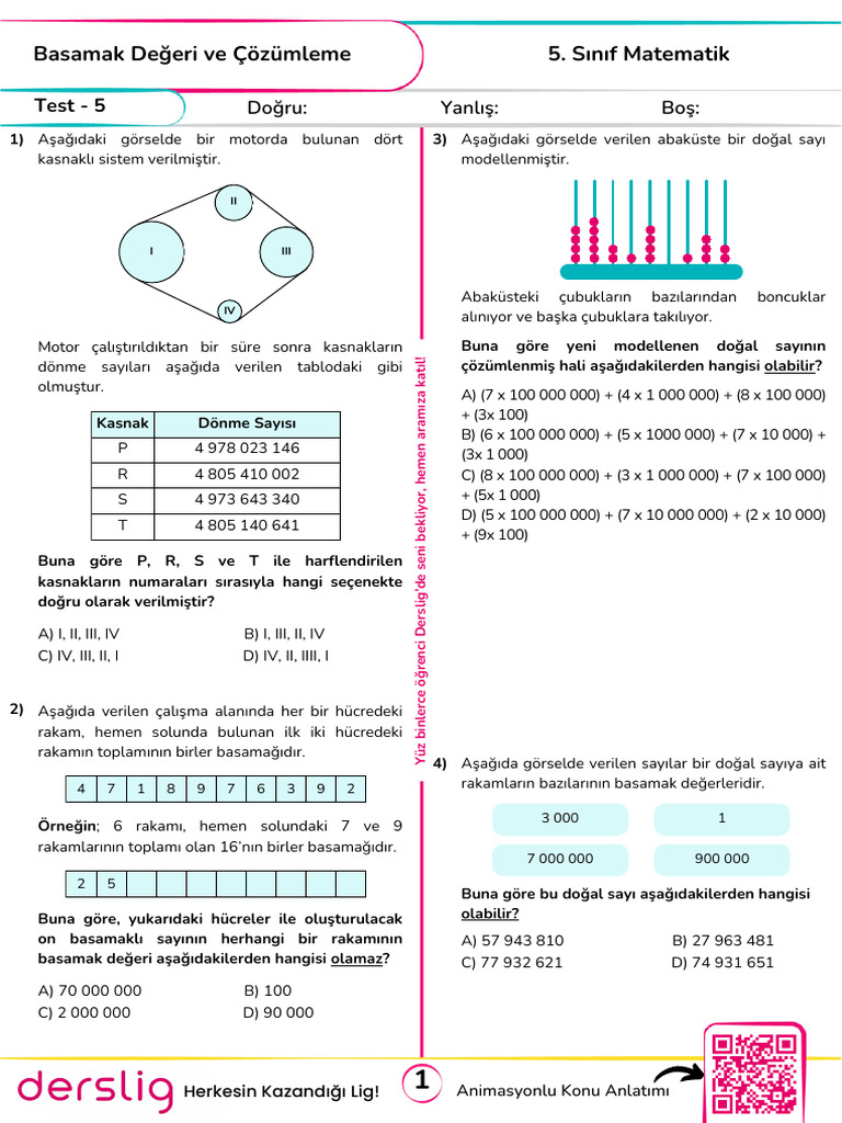 Test 5 Basamak Degeri Cozumleme Ve Siralama | PDF