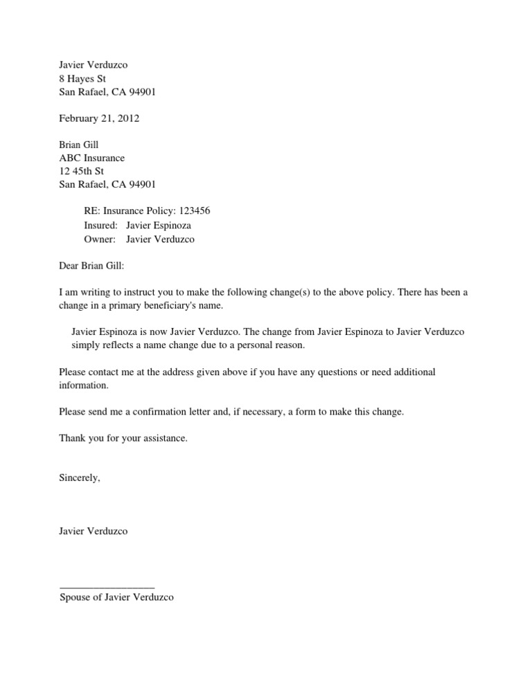 Change of Beneficiary Letter | Insurance | Business