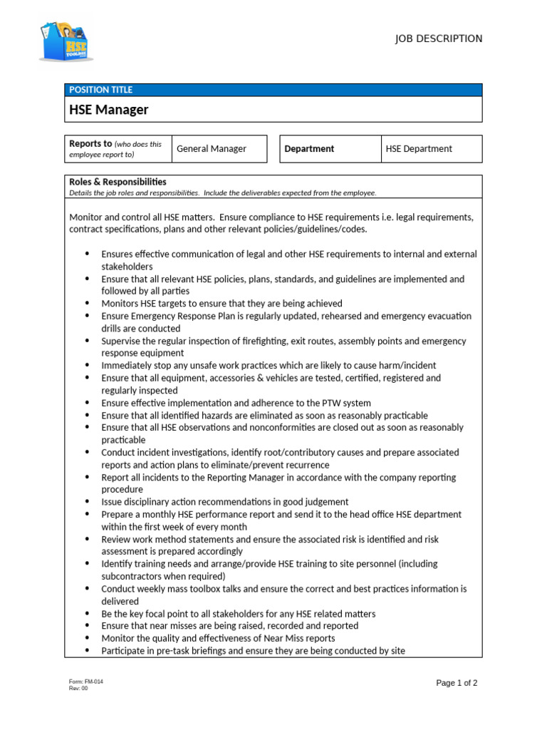 HSE Manager Job Description and Duties | PDF | Occupational Safety And ...