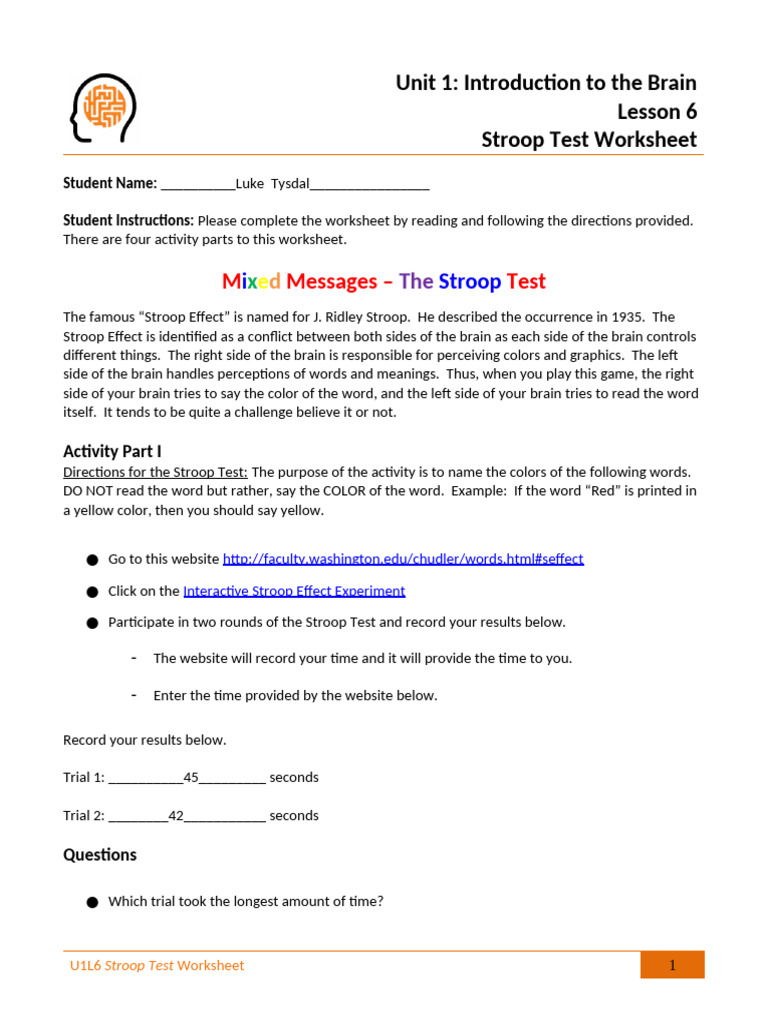 U1L6 Stroop Test Worksheet | PDF | Attention | Memory