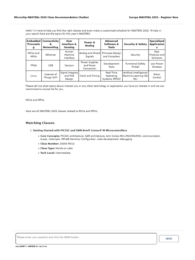 Microchip MASTERs 2025 Class Recommendation Chatbot | PDF | Microcontroller | Computer Engineering